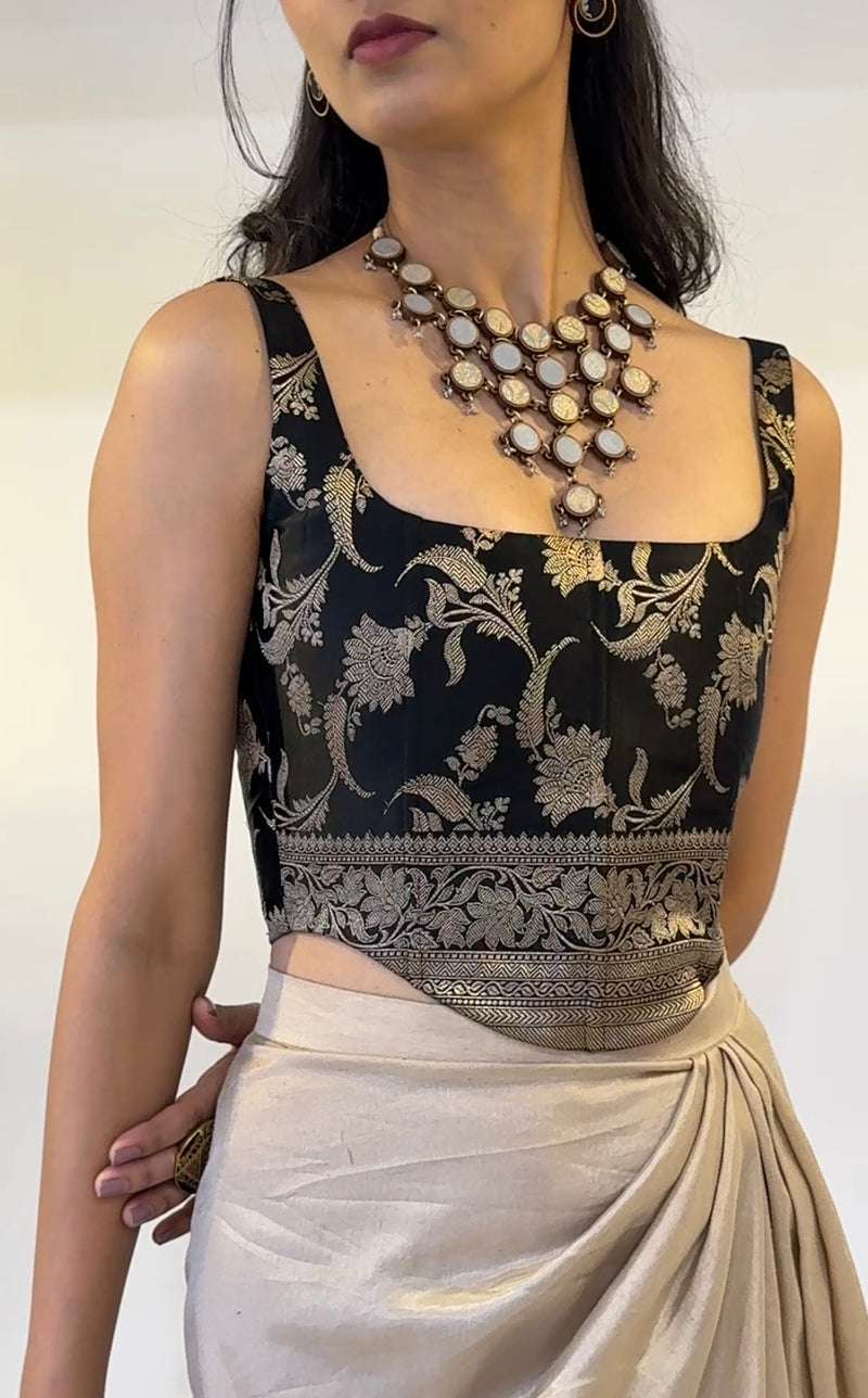 Black Banarasi Corset - Mogra Designs