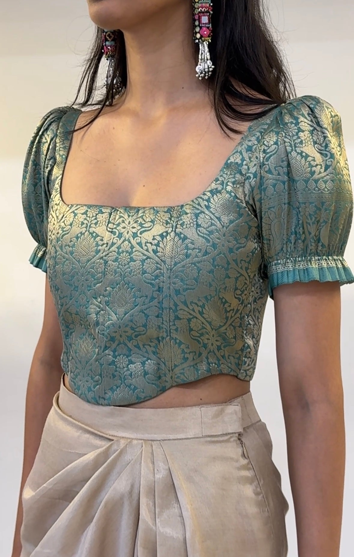 Teal Brocade Corset With Sleeves - Mogra Designs