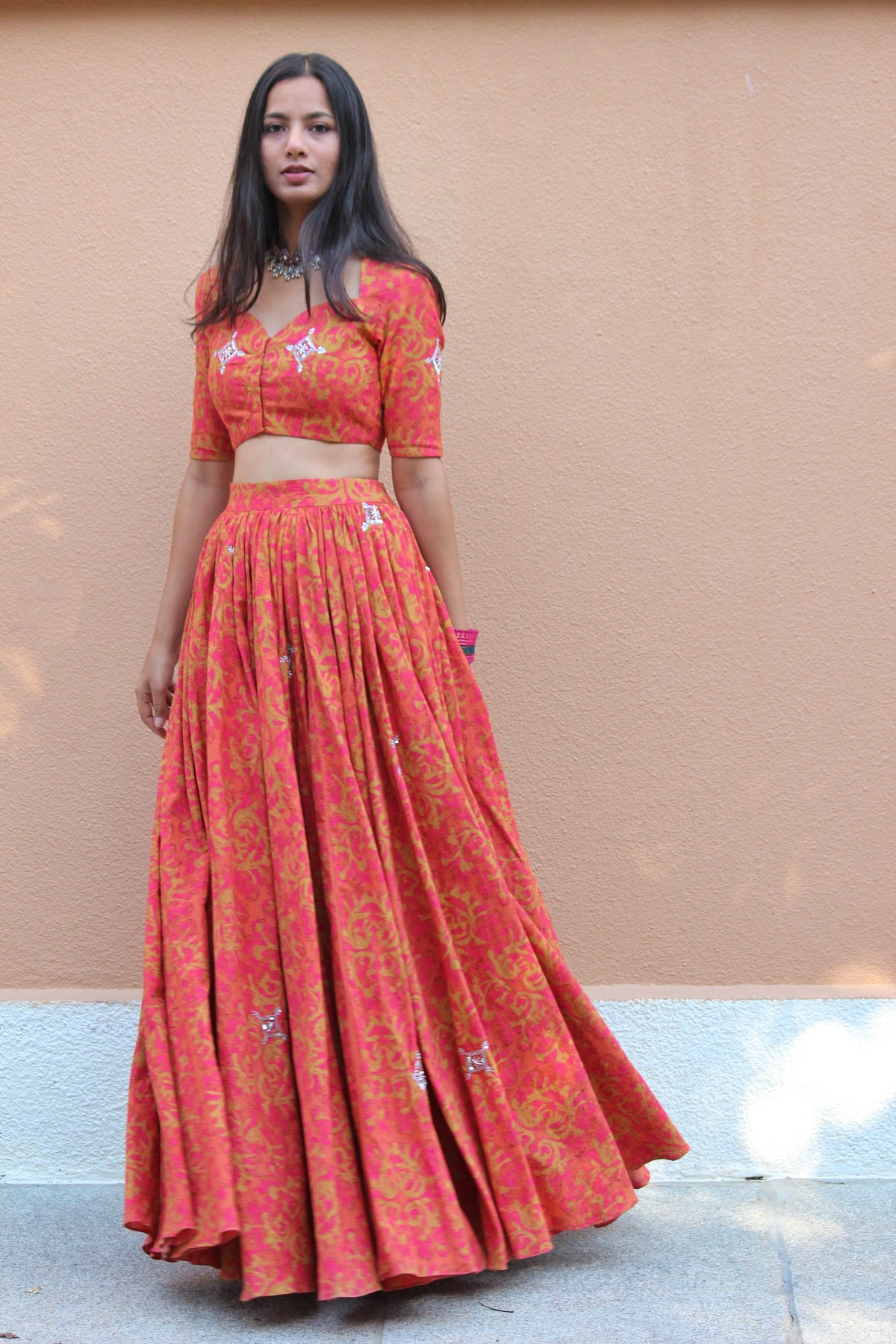 Gerua Hand Block Printed Embroidered Cotton Lehenga Set - Mogra Designs