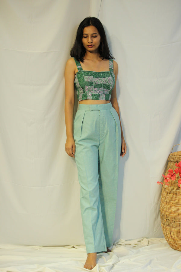 Teal Green Patchwork Top And Pants Set By TAMASQ - Mogra Designs