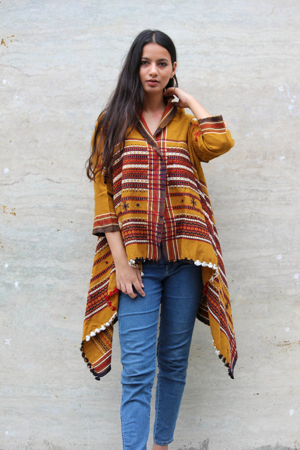 Ochre Handwoven Wool Open Shawl Jacket - Mogra Designs
