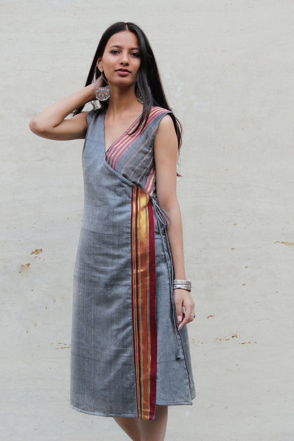 Grey Saree Wrap Dress - Mogra Designs